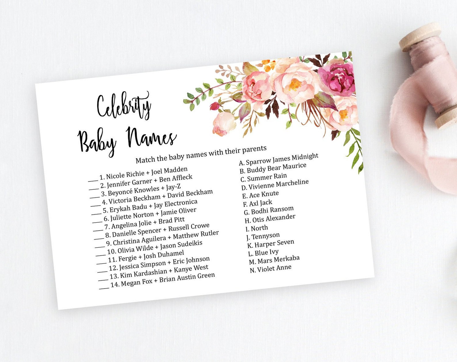 Boho Celebrity Baby Name Game Floral Printable Celebrity Name | Etsy