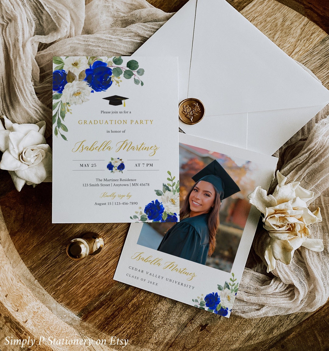 Royal Blue Graduation Party Invitation, Floral Printable Grad Invite ...