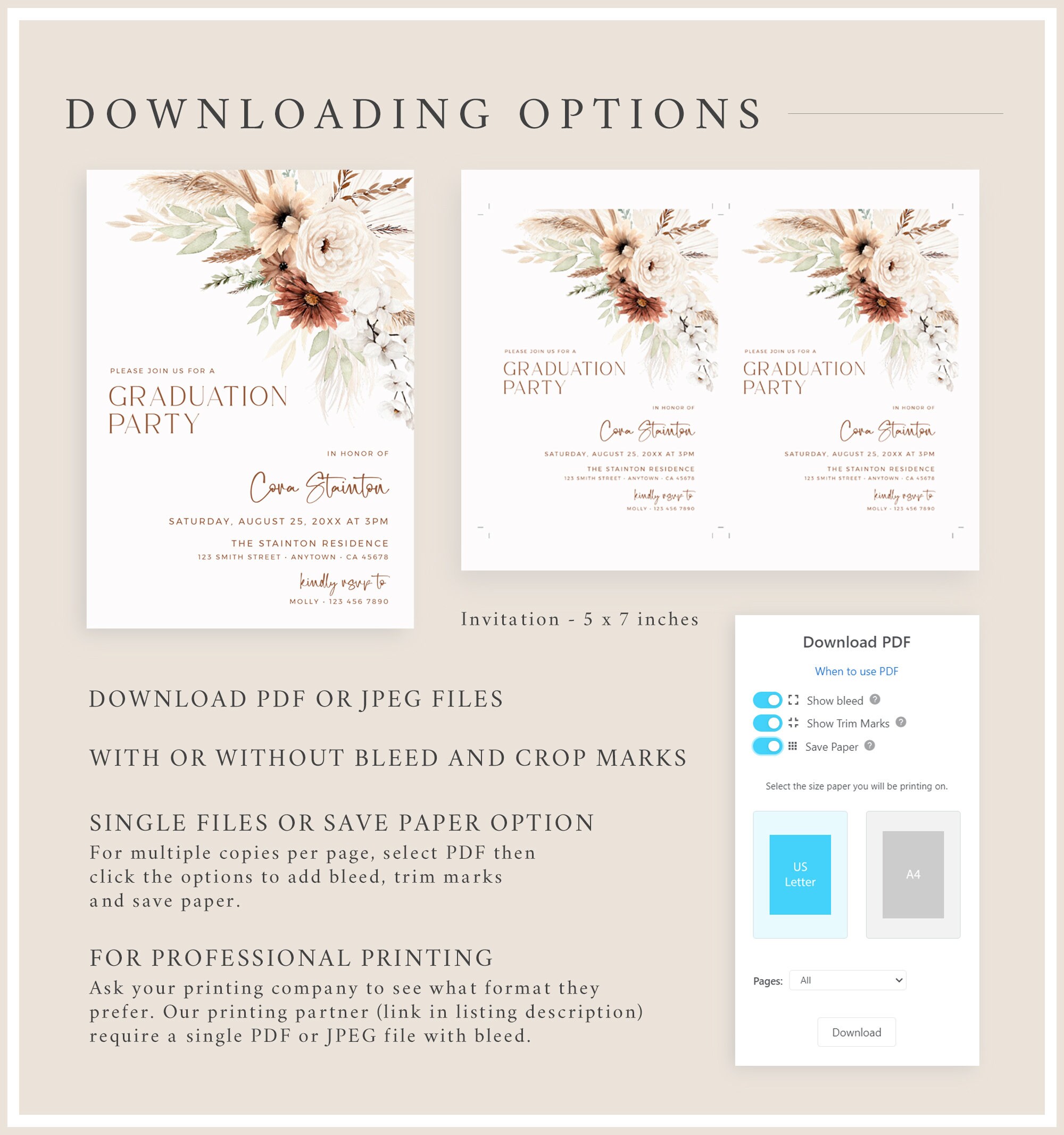 Boho Graduation Party Invitation, Pampas Grass Photo Invite, Bohemian ...