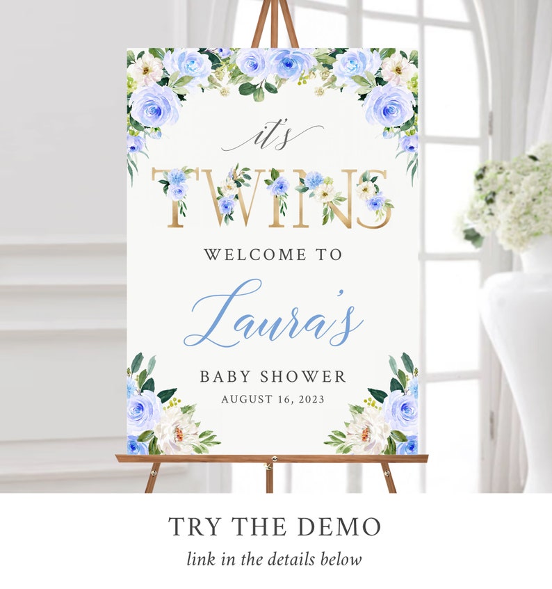 Twins Blue Floral Editable Baby Shower Welcome Sign, It's Twins Sign ...