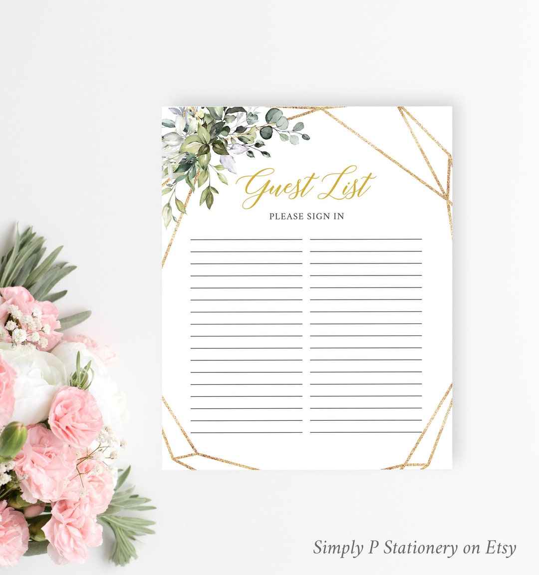 Foliage Gold Geometric Guest List Printable Sheet, Baby Shower Guest ...