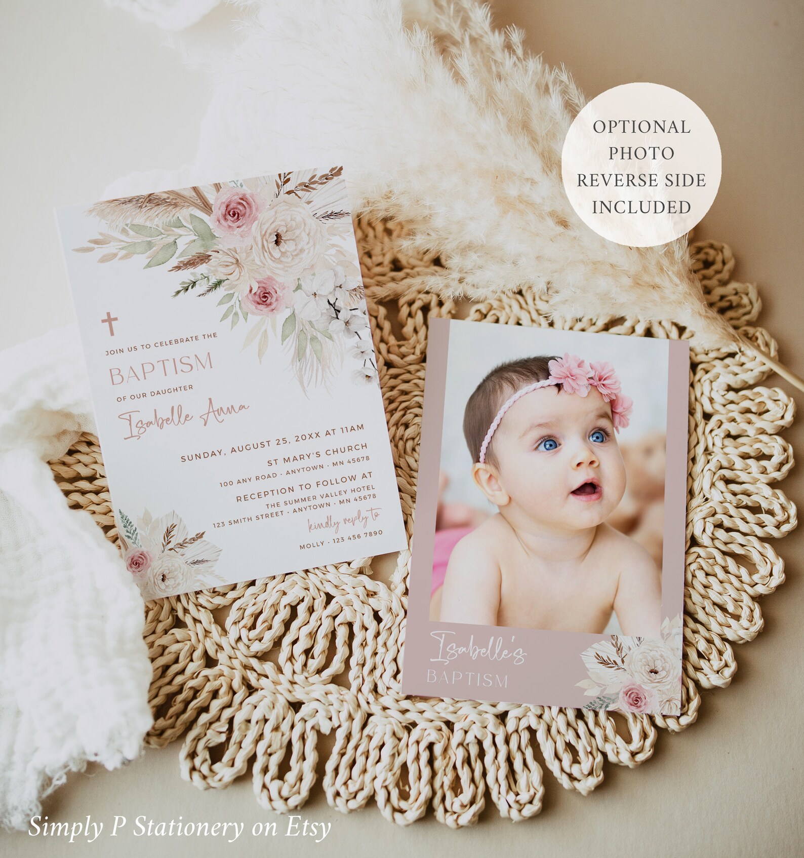 Boho Baptism Invitation Girl, Blush Christening Invite Girl, Printable ...