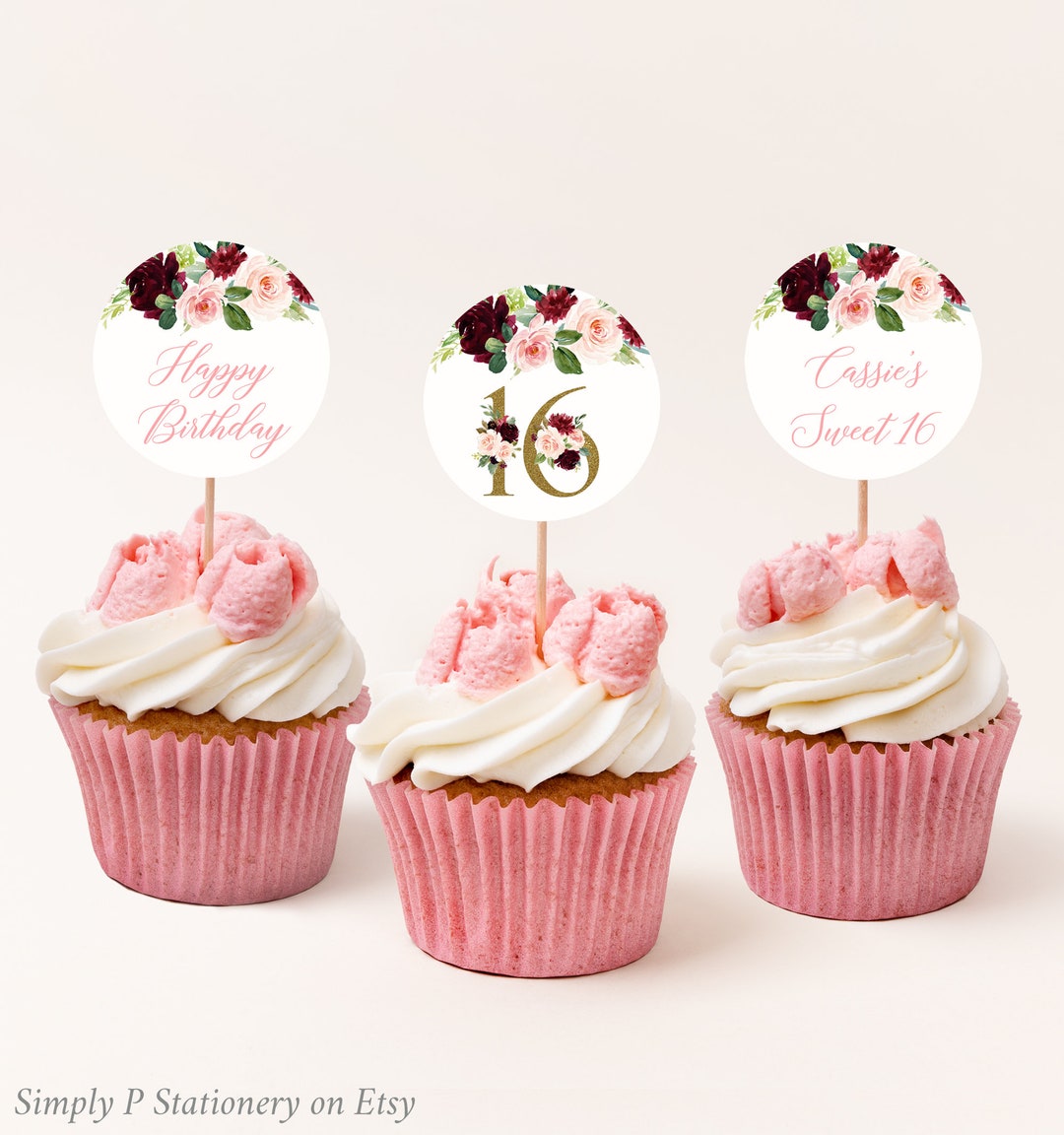 Sweet 16 Cupcake Toppers, Burgundy Gold Sweet 16 Cupcake Topper ...