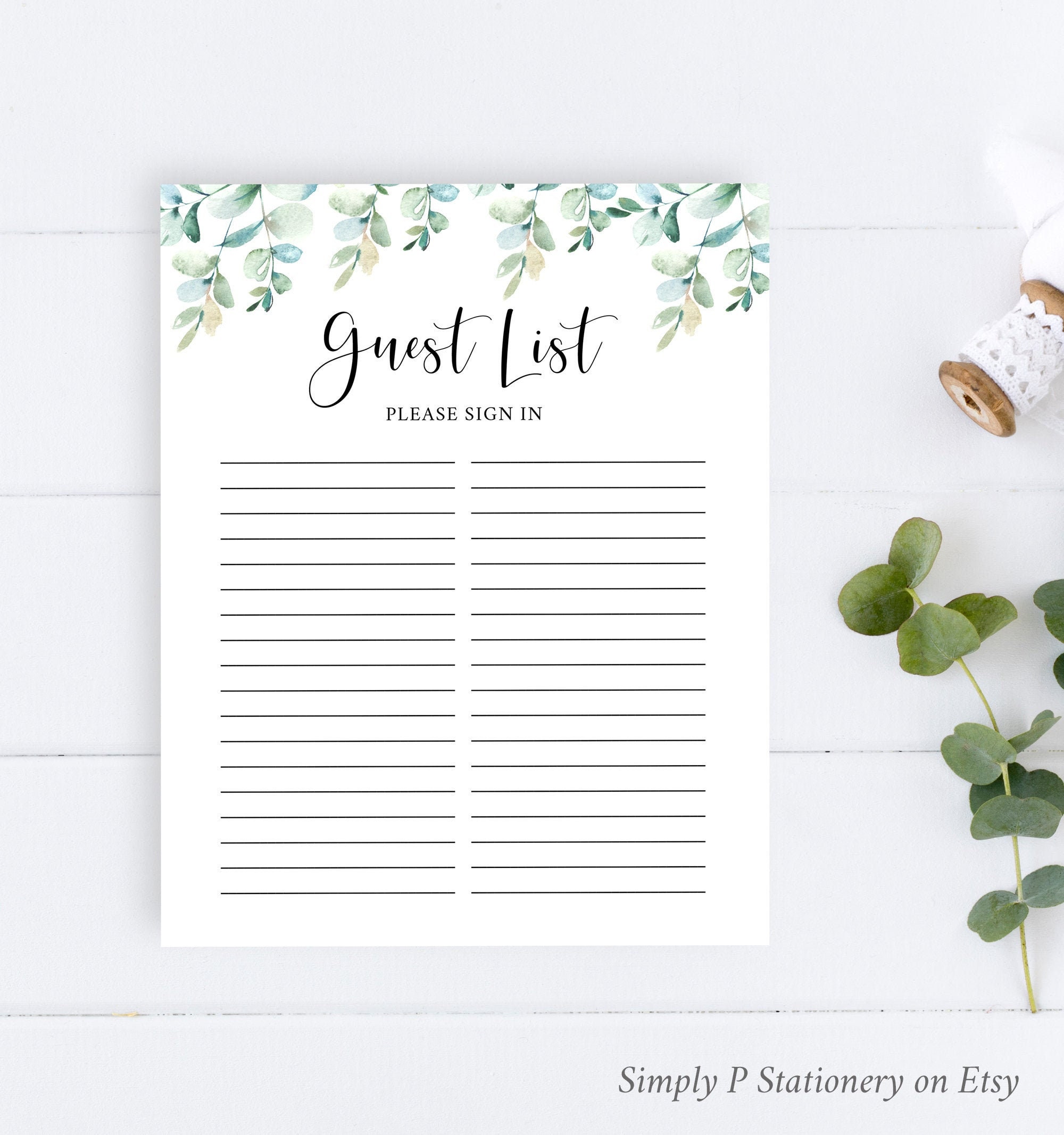 Eucalyptus Guest List Printable Sheet, Baby Shower Guest List, Greenery ...