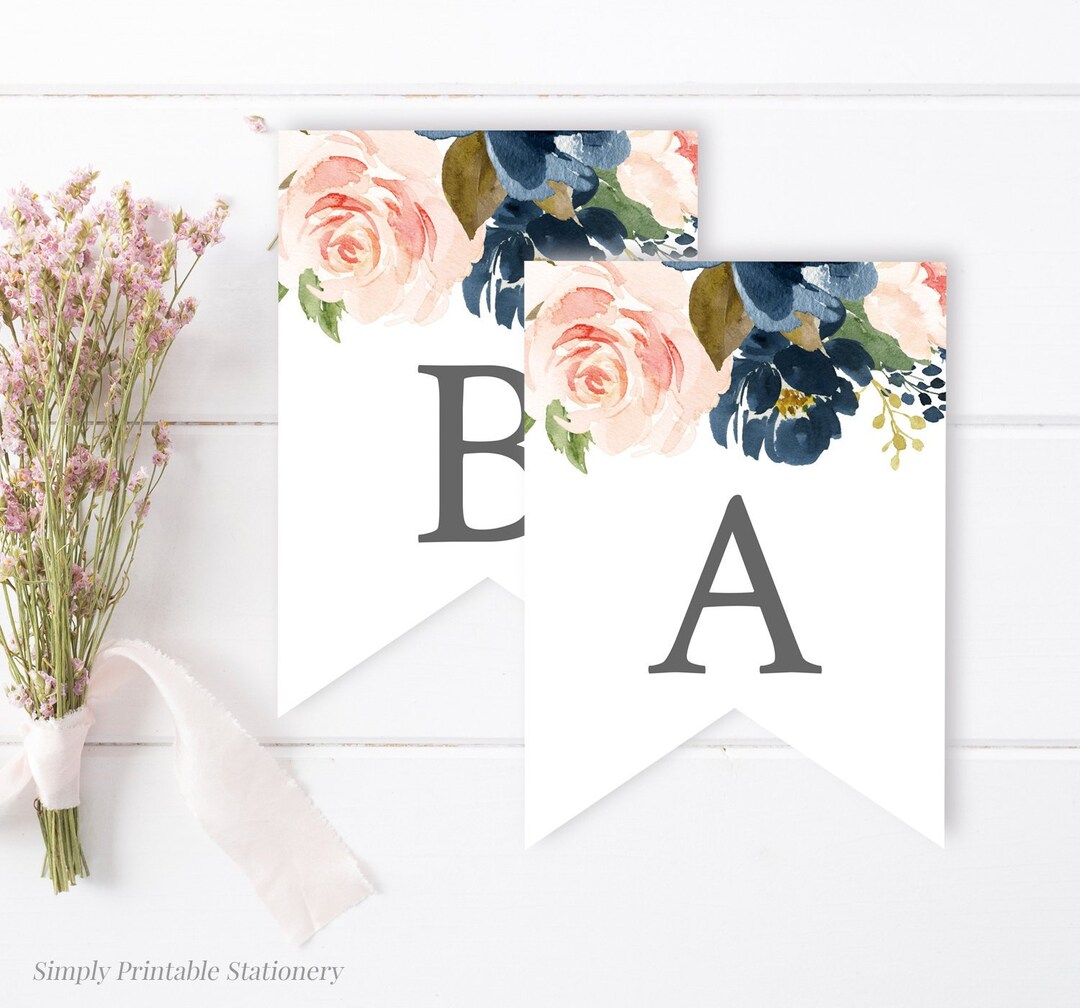 Navy Pink Floral Editable Bunting, Blush Floral DIY Banner Template ...