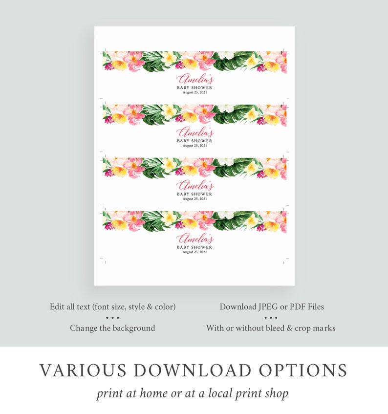Tropical Floral Editable Personalised Water Bottle Labels - Etsy