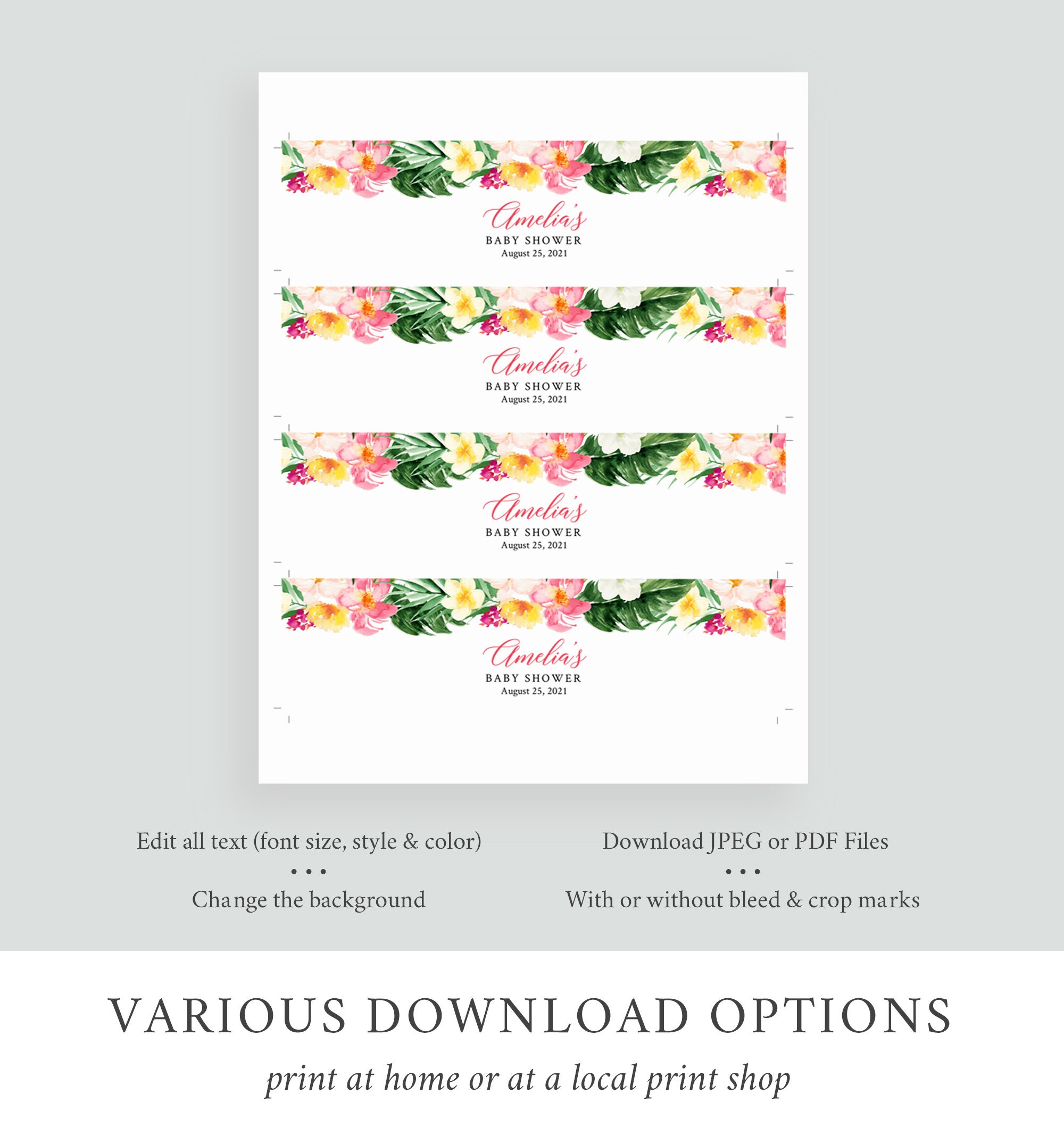 Tropical Floral Editable Personalised Water Bottle Labels - Etsy