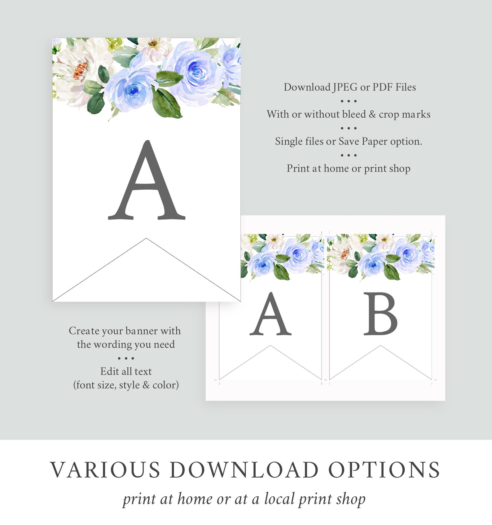 Blue Floral Editable Bunting Blue Greenery DIY Banner | Etsy