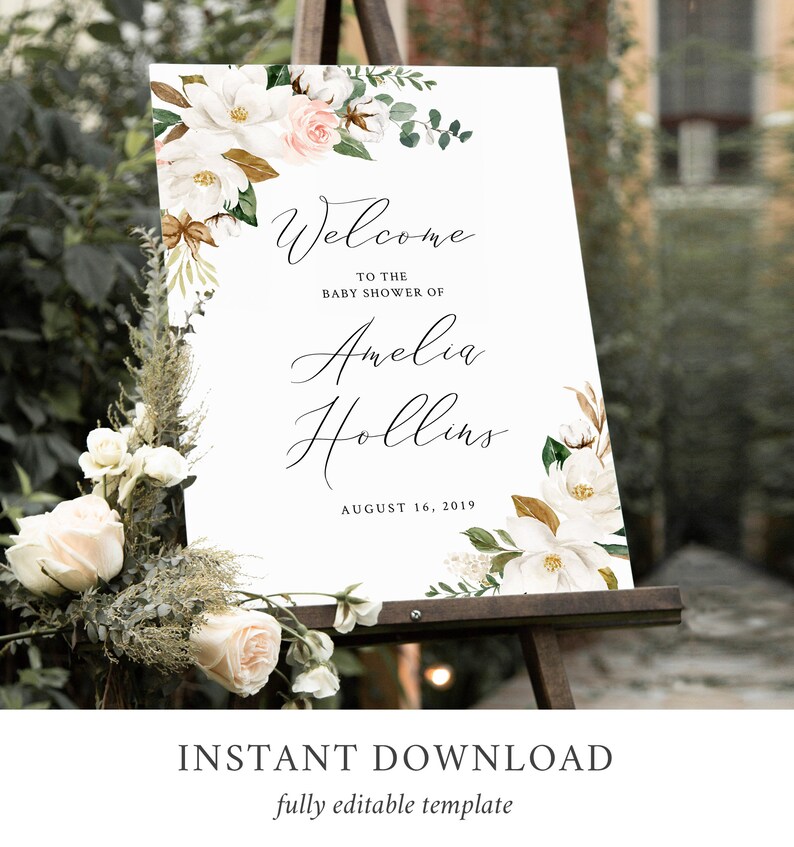 Magnolia Editable Welcome Sign White Floral Cotton Baby - Etsy