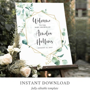 Eucalyptus Geometric Editable Welcome Sign, Greenery Baby Shower Sign ...