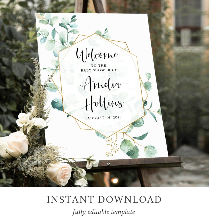 Eucalyptus Geometric Editable Welcome Sign Greenery Baby - Etsy