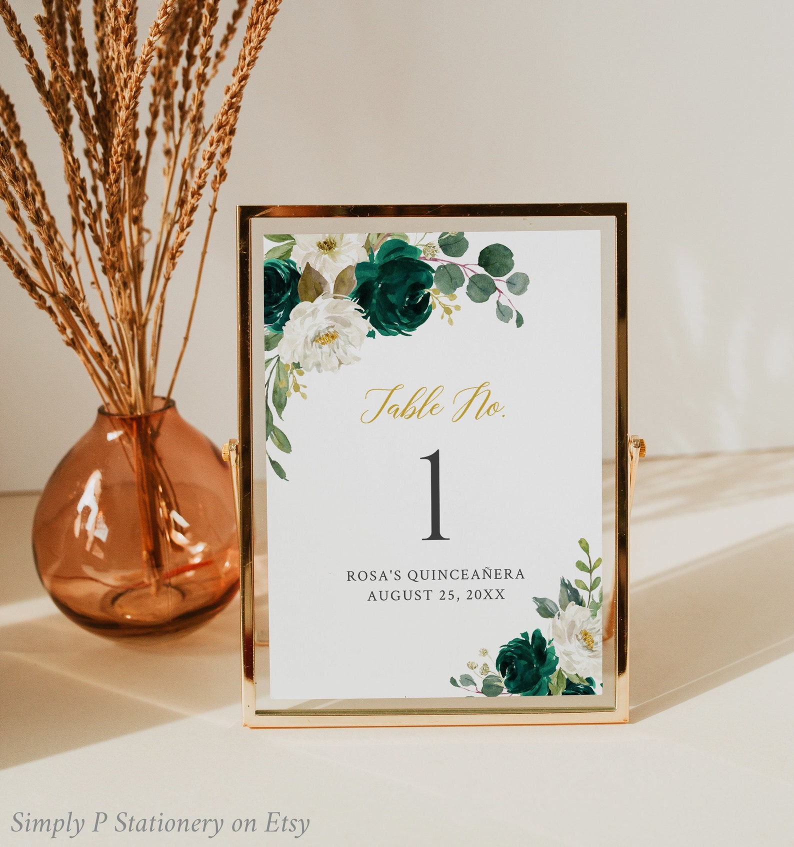 Quinceanera Table Numbers, Emerald Gold Quince Table Number Template ...