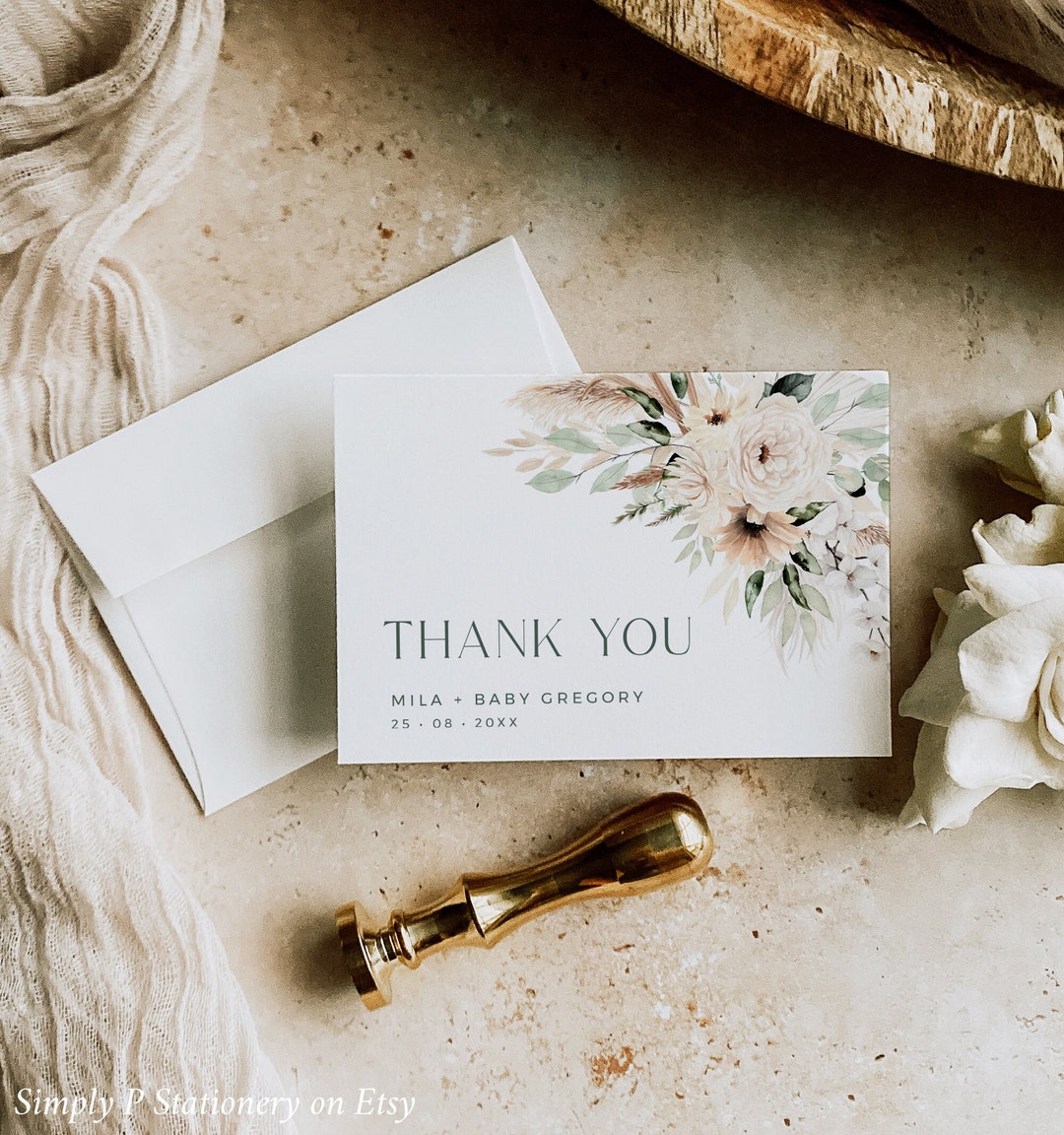 Boho Thank You Card Sage Green, Baby Shower Thank You, Pampas Grass ...