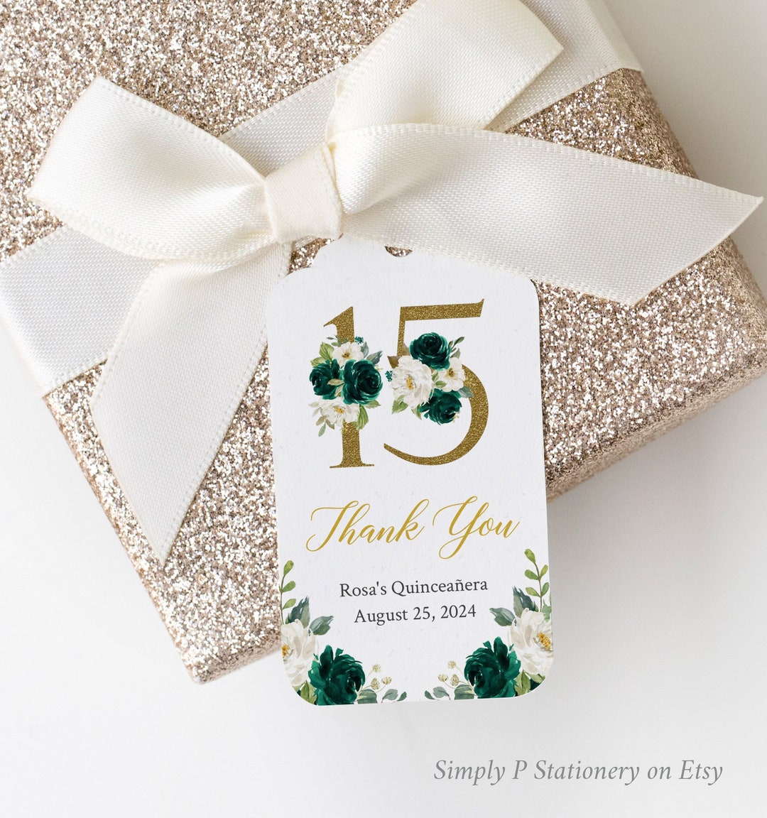 Emerald Green Gold Editable Quinceanera Tag, Floral Favor Tag Template ...