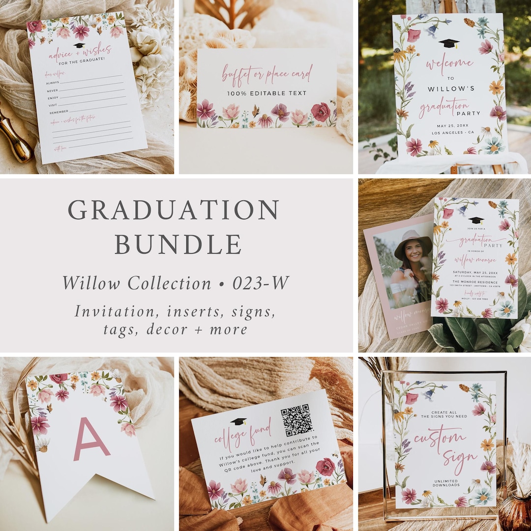 Wildflower Graduation Party Bundle, Girl Graduation Invite Set, Grad ...