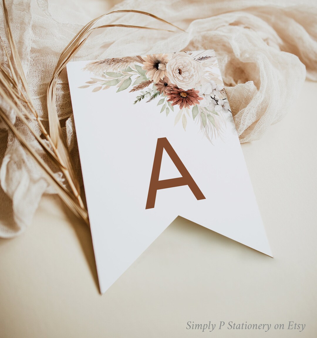 Boho Banner, Terracotta Bohemian Bunting, Pampas Grass Baby Shower ...