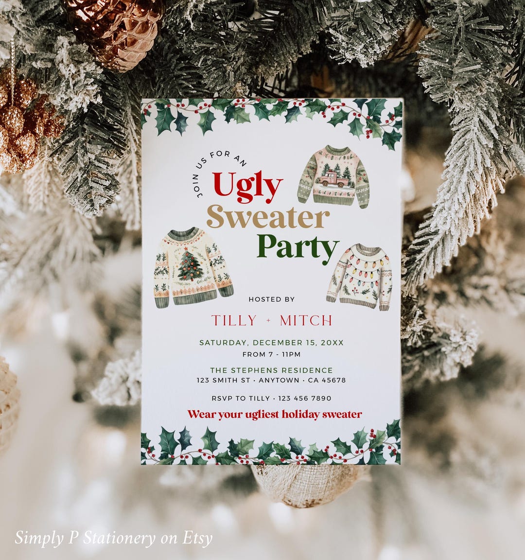 Ugly Sweater Christmas Party Invitation Template, Tacky Sweater Holiday ...