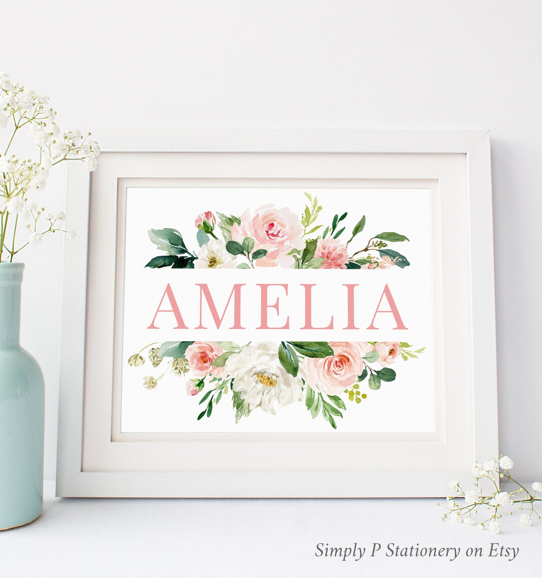 Blush Pink Floral Baby Name Printable Nursery Art, Pink Greenery Floral ...