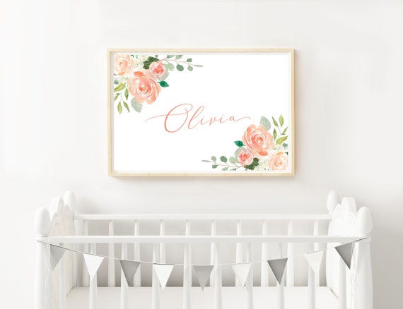 Peach Coral Floral Baby Name Printable Nursery Art Pink Green | Etsy