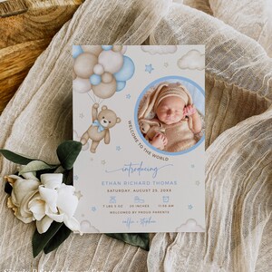 Bear Birth Announcement Template Boy, Teddy Bear Newborn Announcement ...