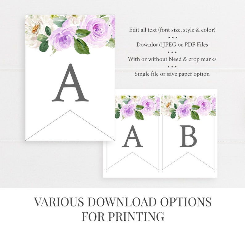 Lavender Floral Editable Bunting, Lilac DIY Banner Template, Purple ...
