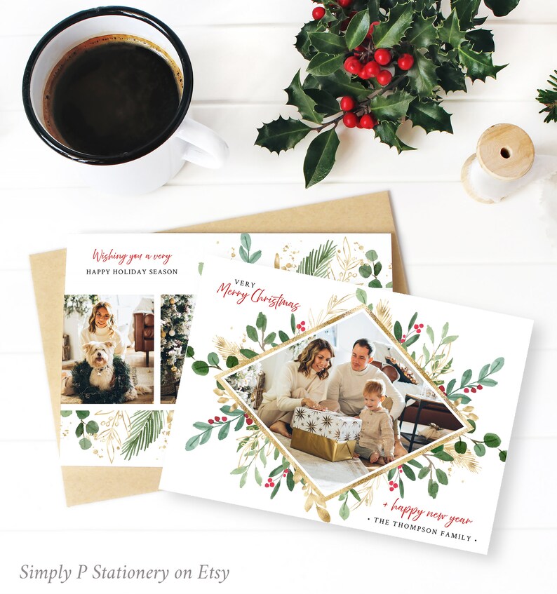 Printable Red Gold Green Holiday Card Template Editable Photo - Etsy