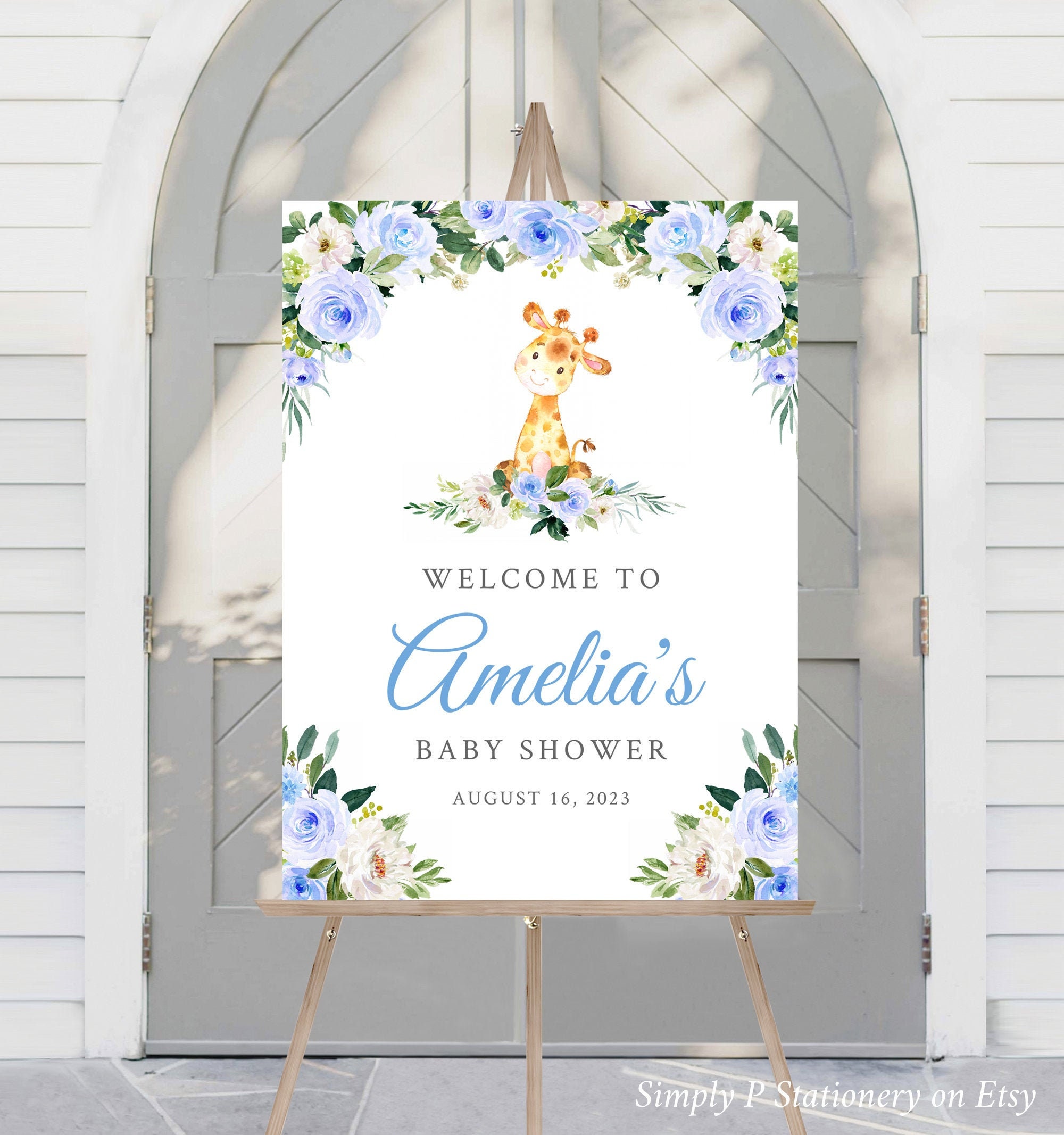 Blue Floral Giraffe Editable Welcome Sign Green Baby Shower | Etsy