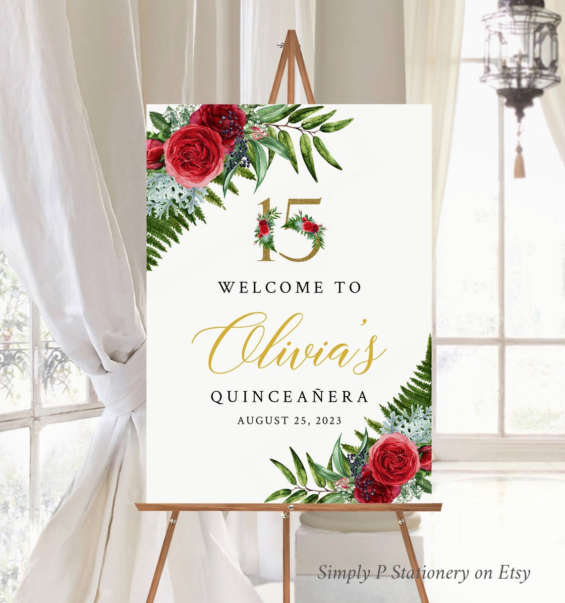 Red Rose Quinceañera Editable Welcome Sign Red Gold Quince - Etsy
