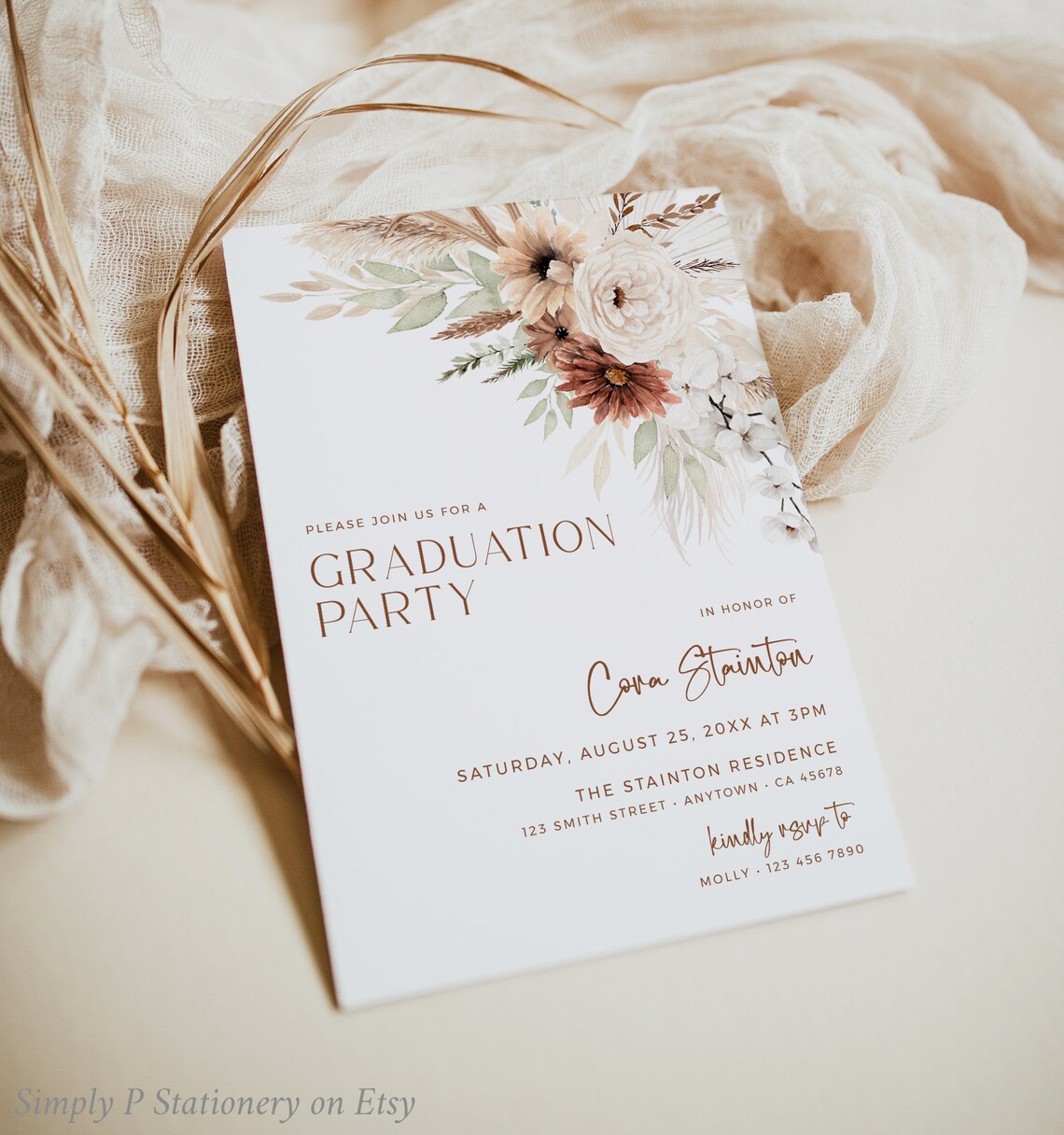 Boho Graduation Party Invitation, Pampas Grass Photo Invite, Bohemian ...