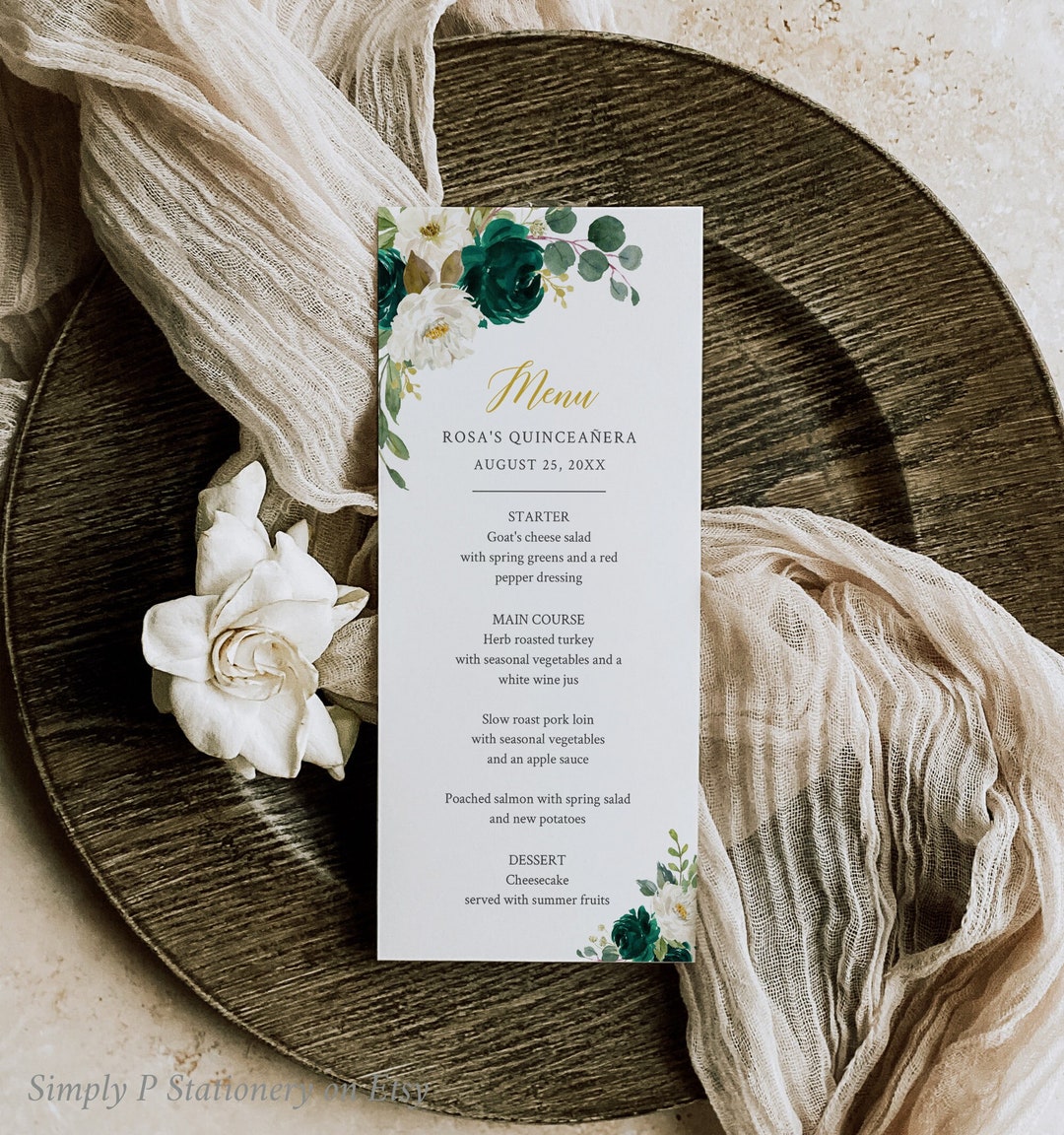 Emerald Quinceanera Menu, Emerald Green Gold Quince Menu, Floral ...