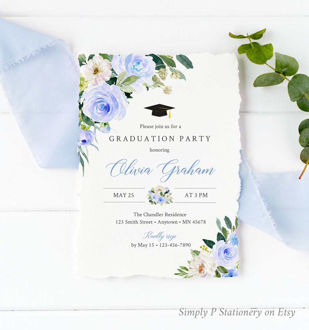Blue Greenery Floral Editable Graduation Party Invitation, Blue White ...