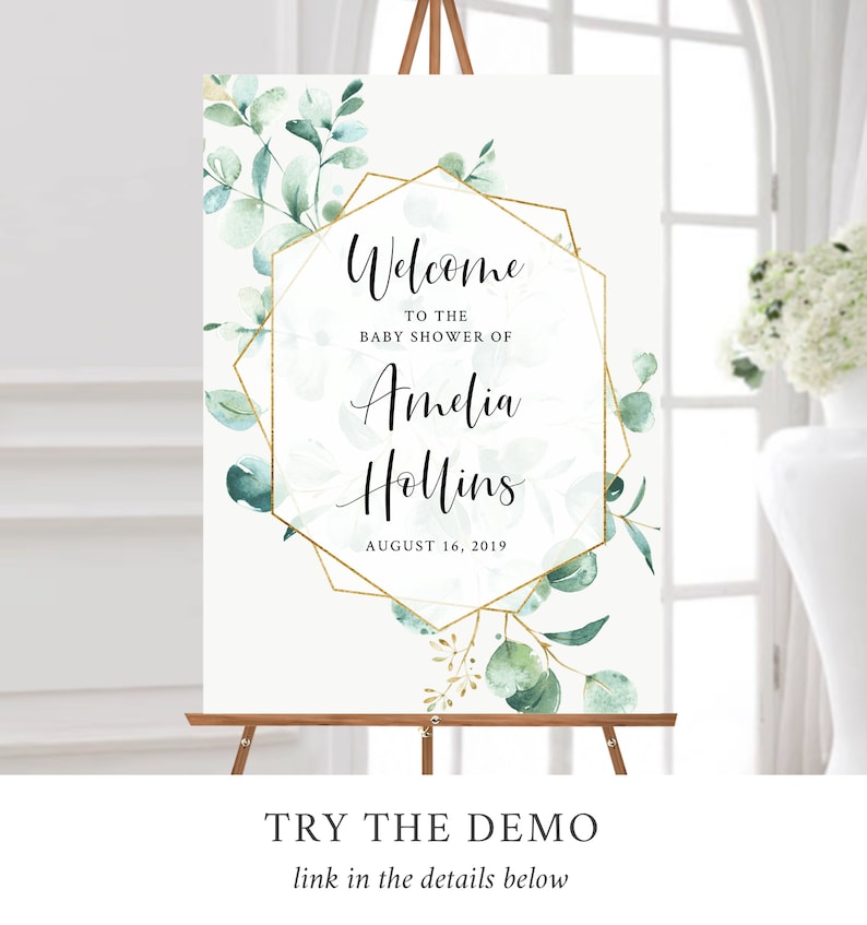 Eucalyptus Geometric Editable Welcome Sign Greenery Baby - Etsy