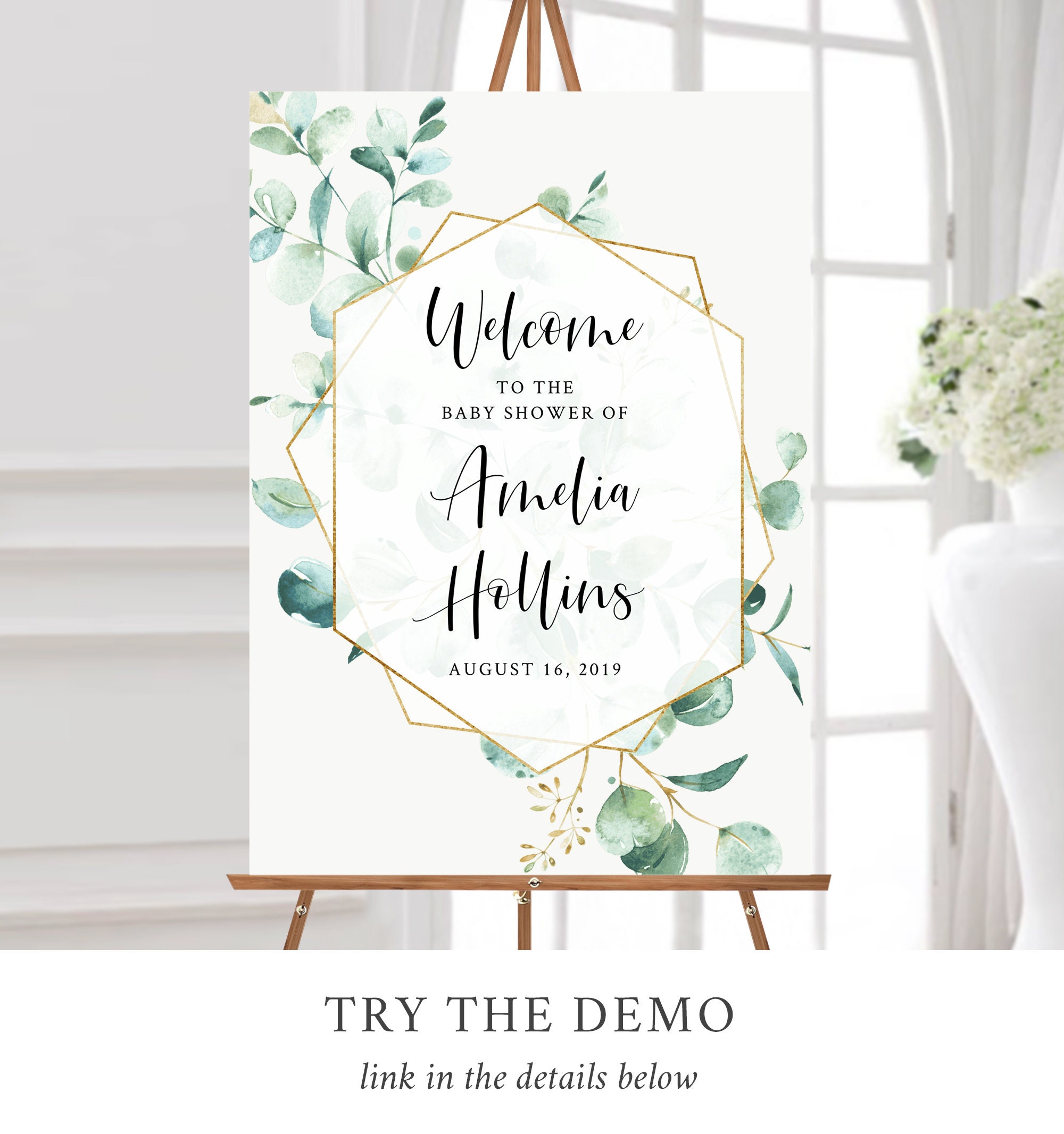 Eucalyptus Geometric Editable Welcome Sign Greenery Baby - Etsy