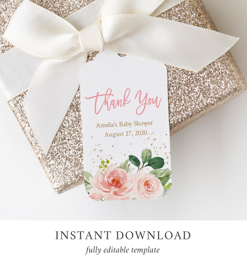 Pink Gold Floral Editable Tag, Blush Greenery Favor Tag Template, Girl ...