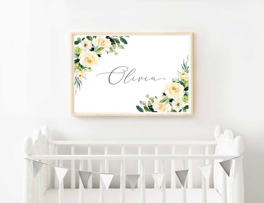 Yellow Floral Baby Name Printable Nursery Art, Yellow Greenery Floral ...