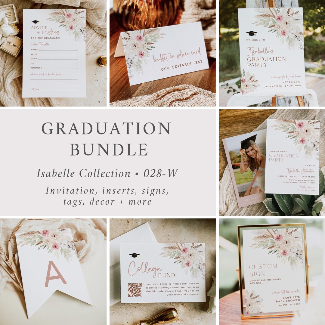 Boho Graduation Party Bundle, Blush Pink Girl Graduation Invite Set ...