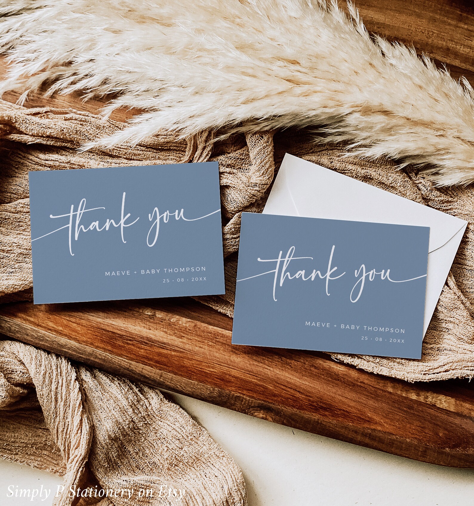 Dusty Blue Thank You Card, Boy Baby Shower Thank You, Modern Thank You ...