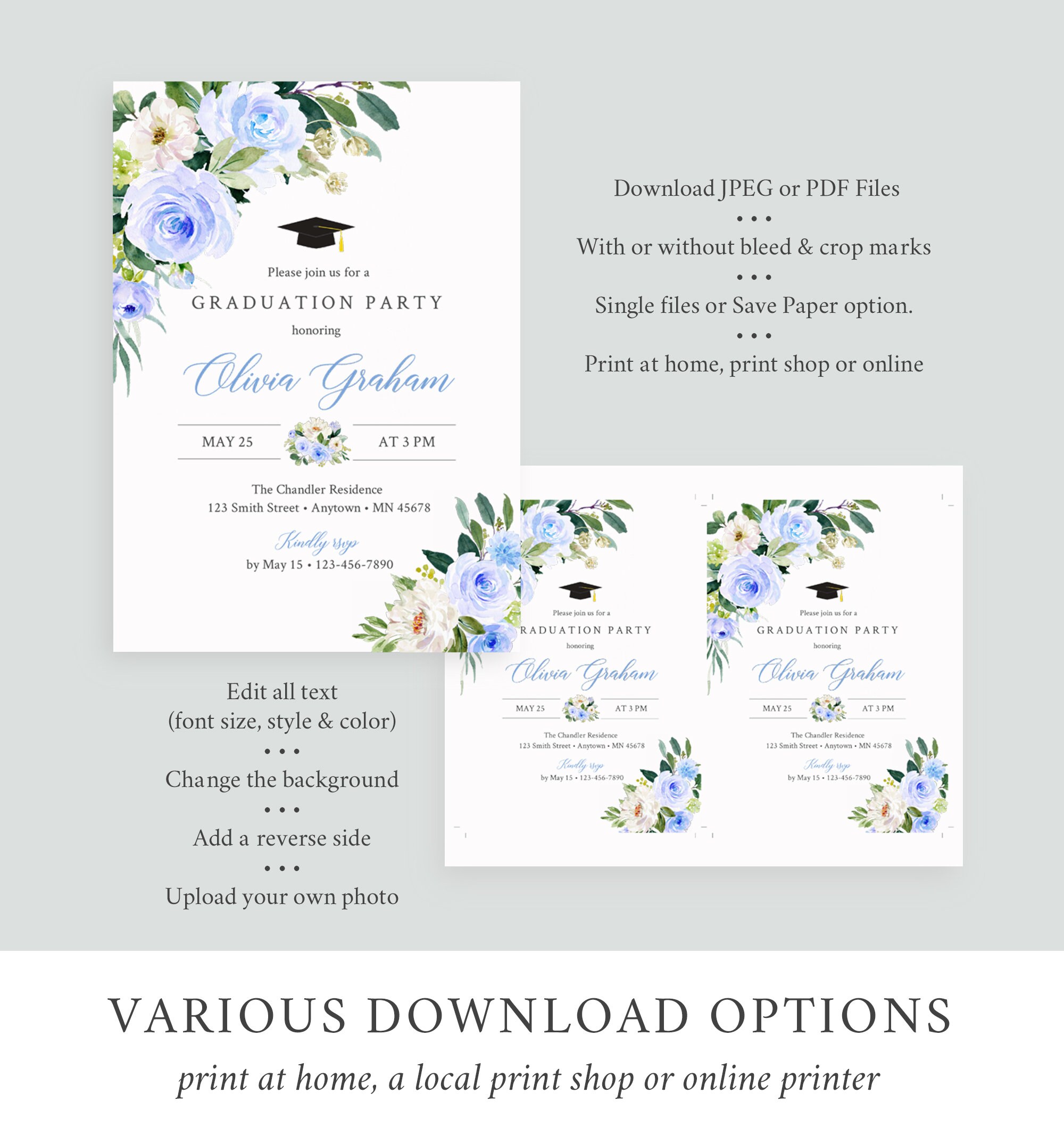 Blue Greenery Floral Editable Graduation Party Invitation | Etsy