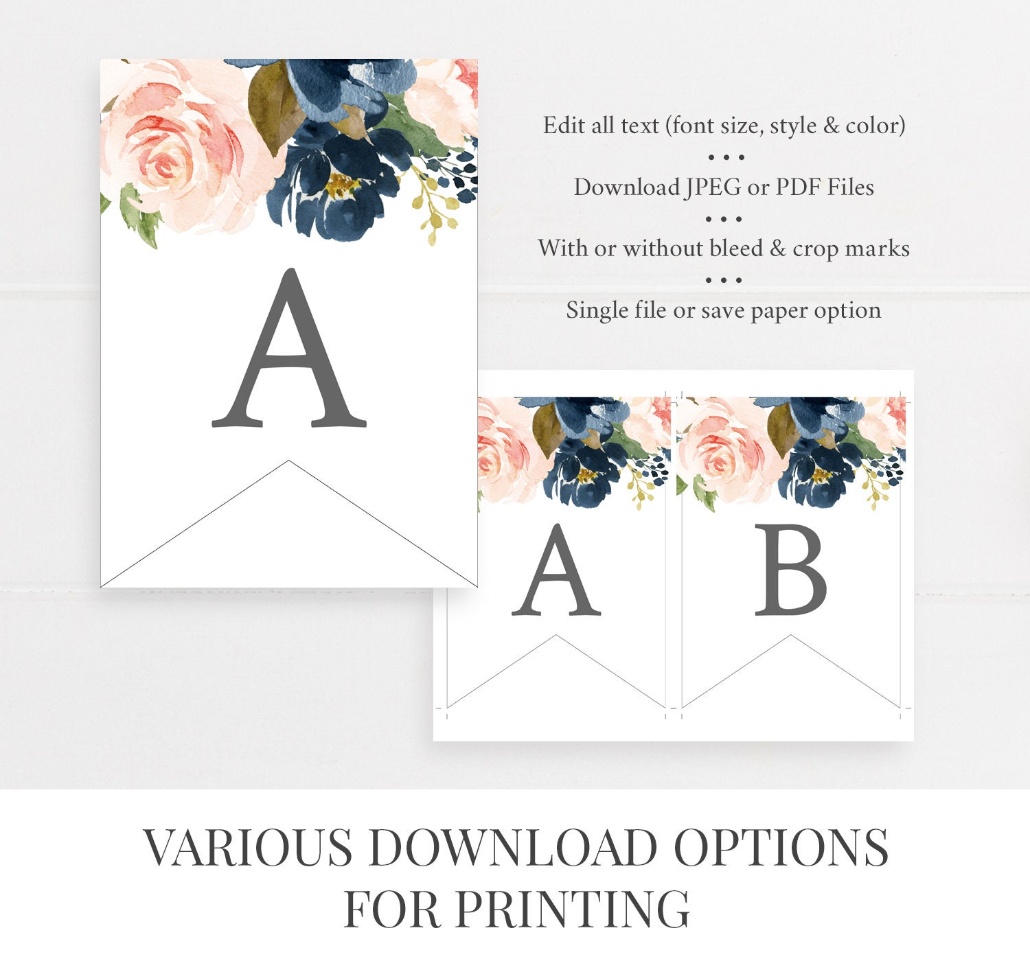 Navy Pink Floral Editable Bunting Blush Floral DIY Banner - Etsy