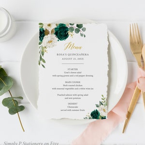 Emerald Quinceanera Menu, Emerald Green Gold Quince Menu, Floral ...