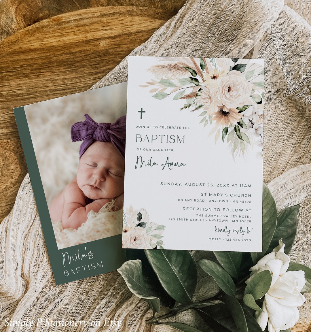 Sage Boho Baptism Invitation, Pampas Grass Christening Invite ...