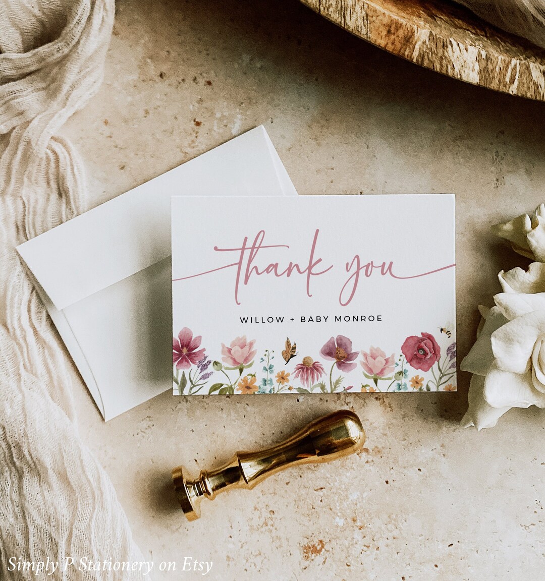 Wildflower Thank You Card, Girl Baby Shower Thank You, Meadow Flower ...