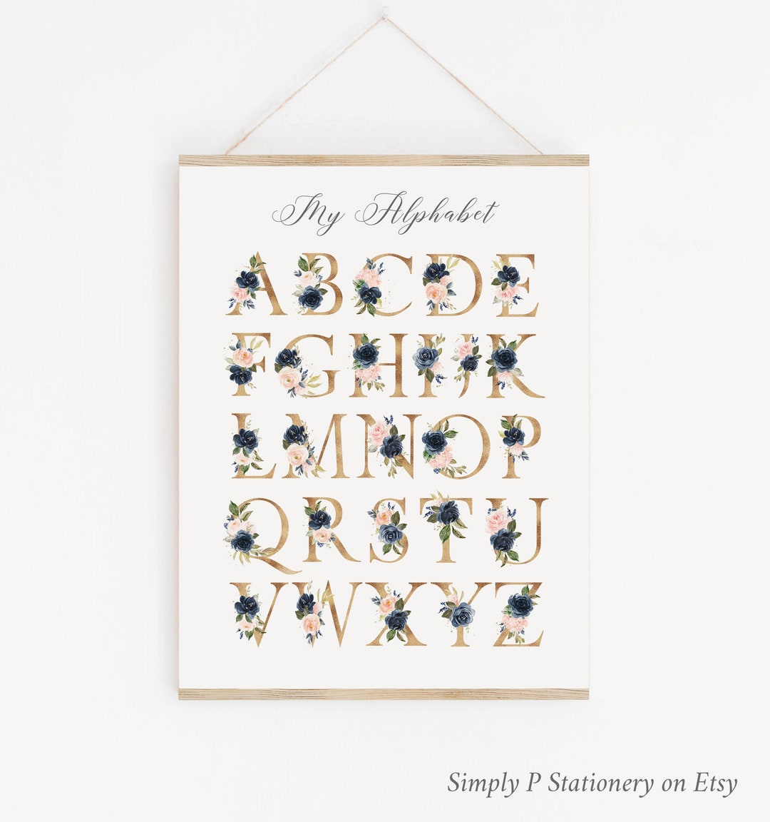 Navy Blush Gold Floral Alphabet Wall Art, Printable Play Room Decor, A ...
