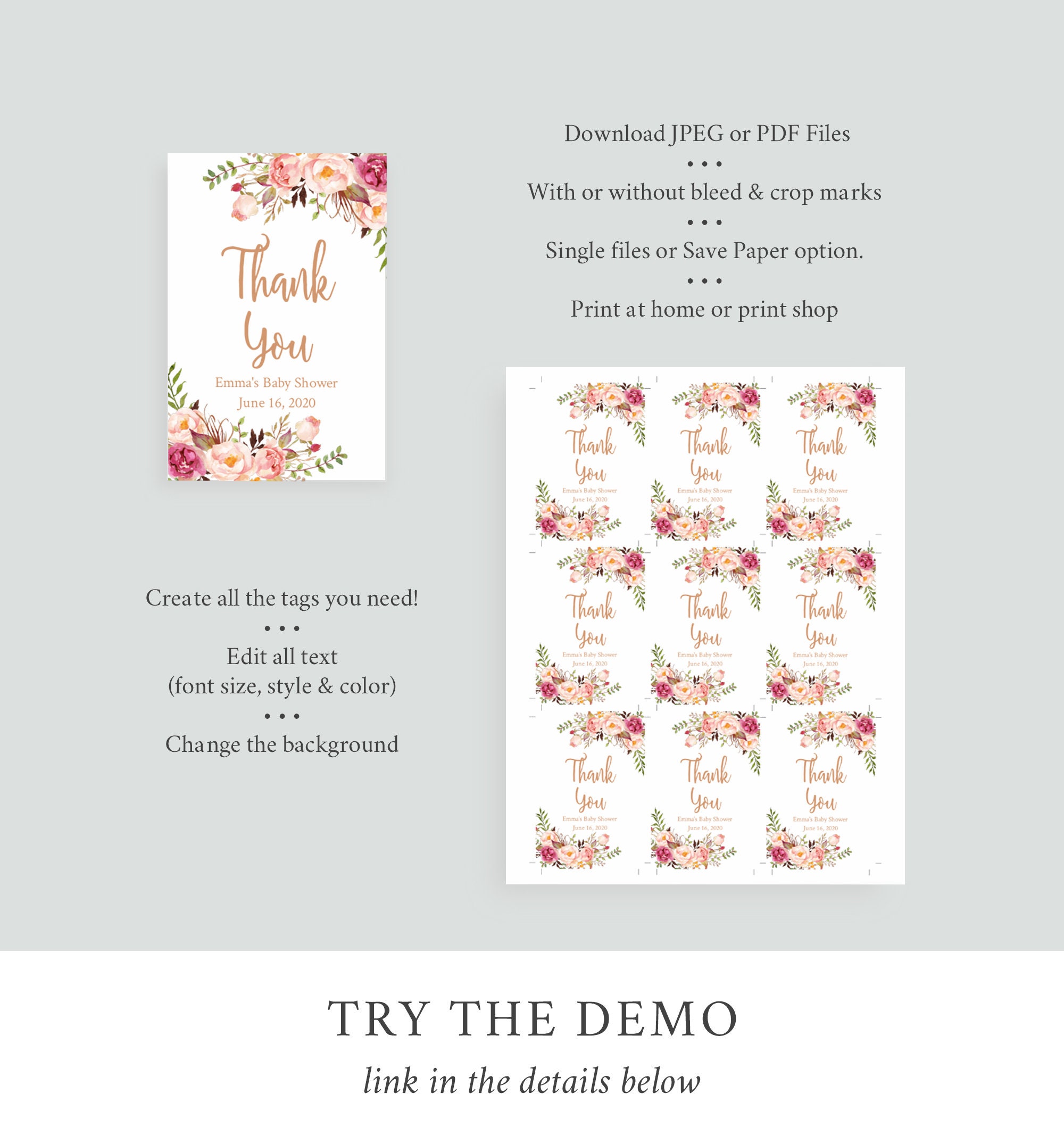 Rose Gold Floral Editable Tag Blush Boho Favor Tag Template | Etsy