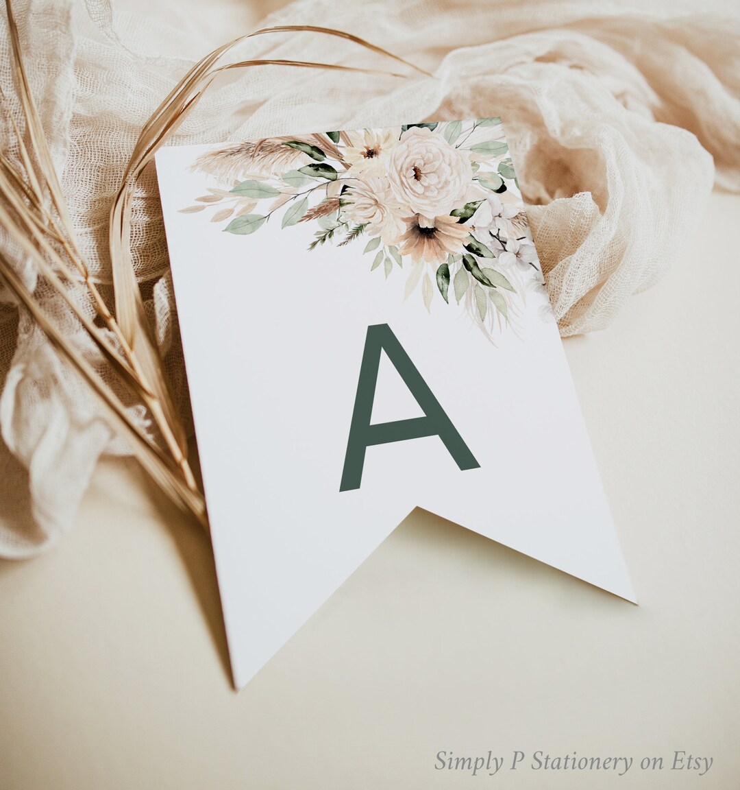 Sage Green Bunting, Boho Banner, Pampas Grass Banner, Baby Shower Decor ...
