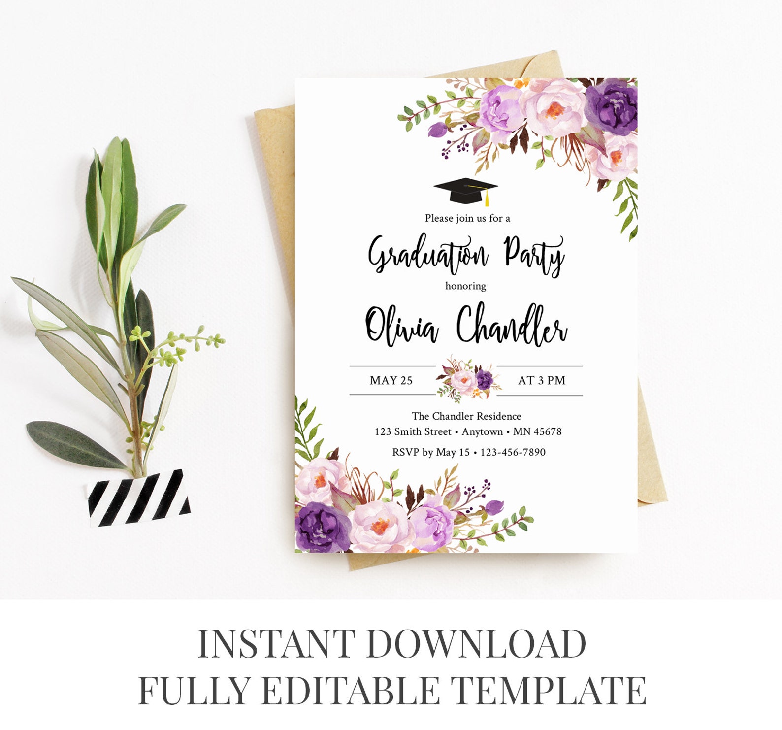 Purple Floral Editable Graduation Party Invitation, Printable Invite ...