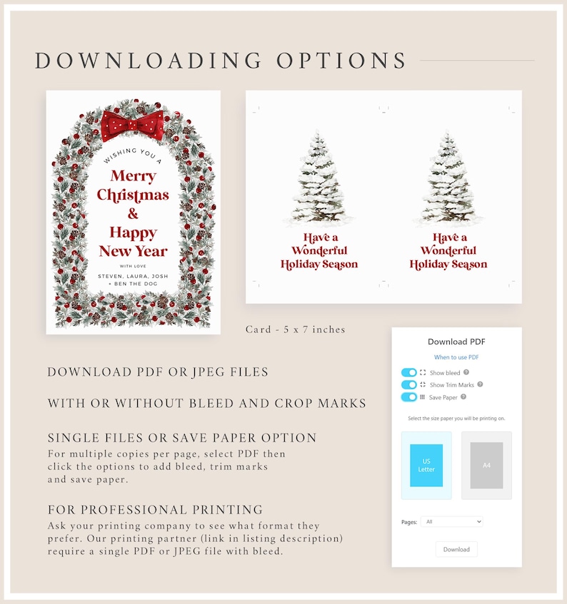 Bow Christmas Card Without Photo, Editable Holiday Card No Picture, Non ...