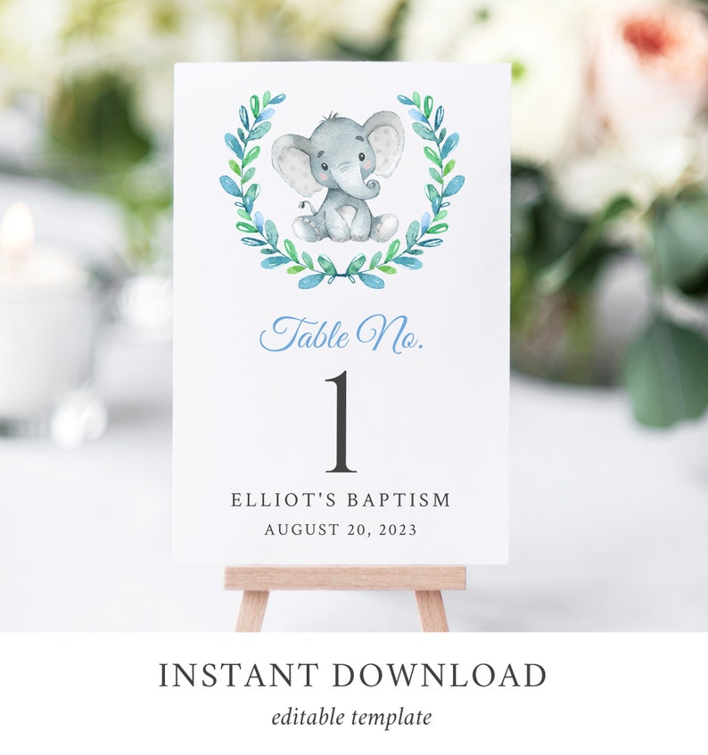 Blue Elephant Editable Table Numbers, Printable Baptism Table Number ...
