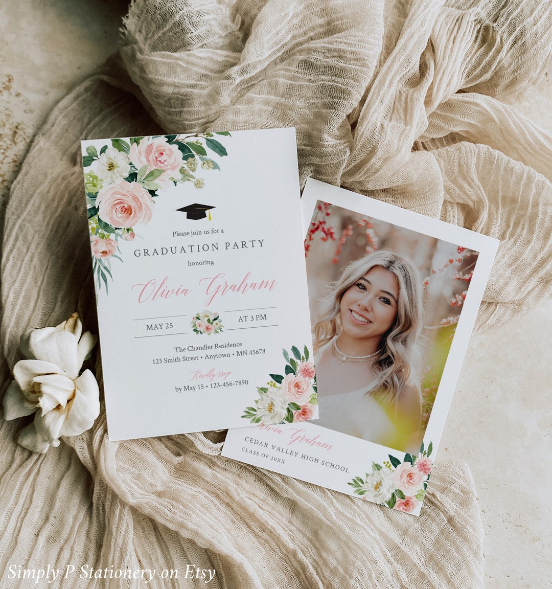 Blush Graduation Party Invitation With a Photo, Pink Floral Grad Party ...