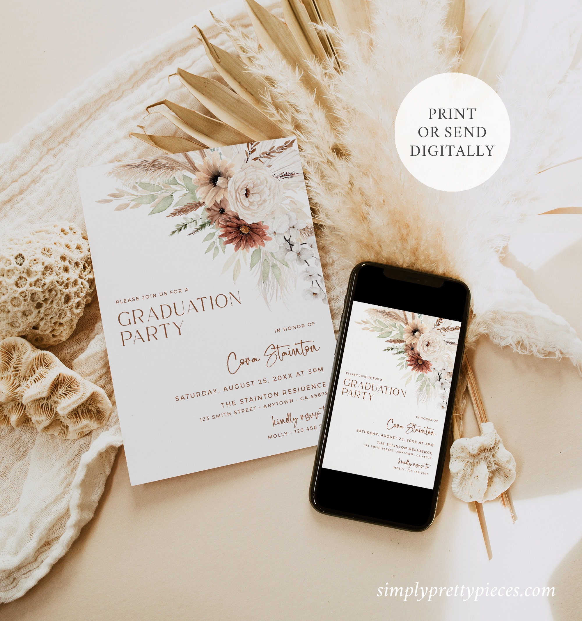 Boho Graduation Party Invitation, Pampas Grass Photo Invite, Bohemian ...